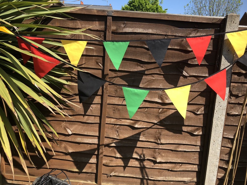 RASTAFARIAN COLOURED FABRIC BUNTING , COLOUR VISIBLE ON BOTH SIDES ...