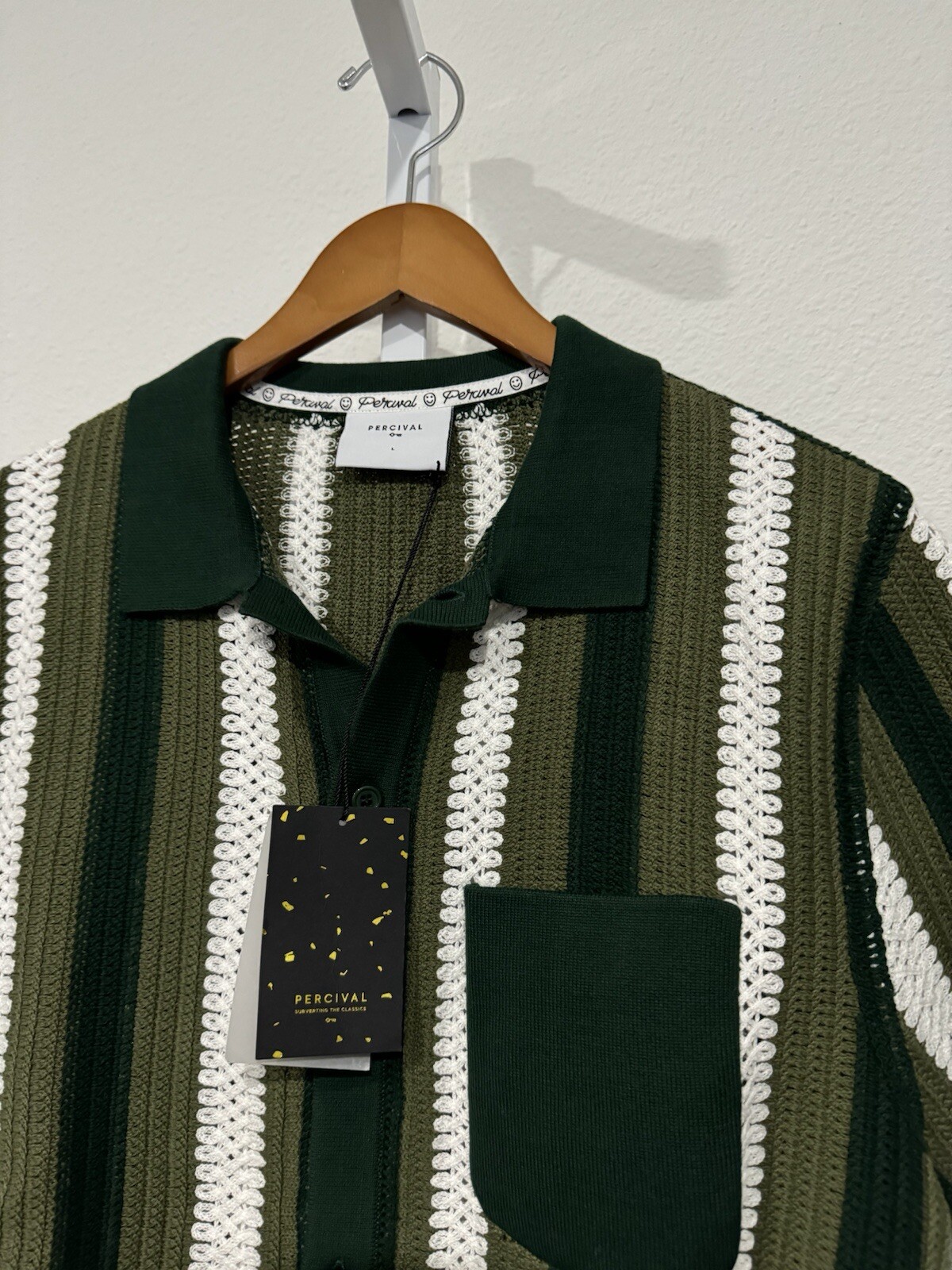 Percival Mens Shirt L Green Button Up Knitted Preppy Knit Pathos ...