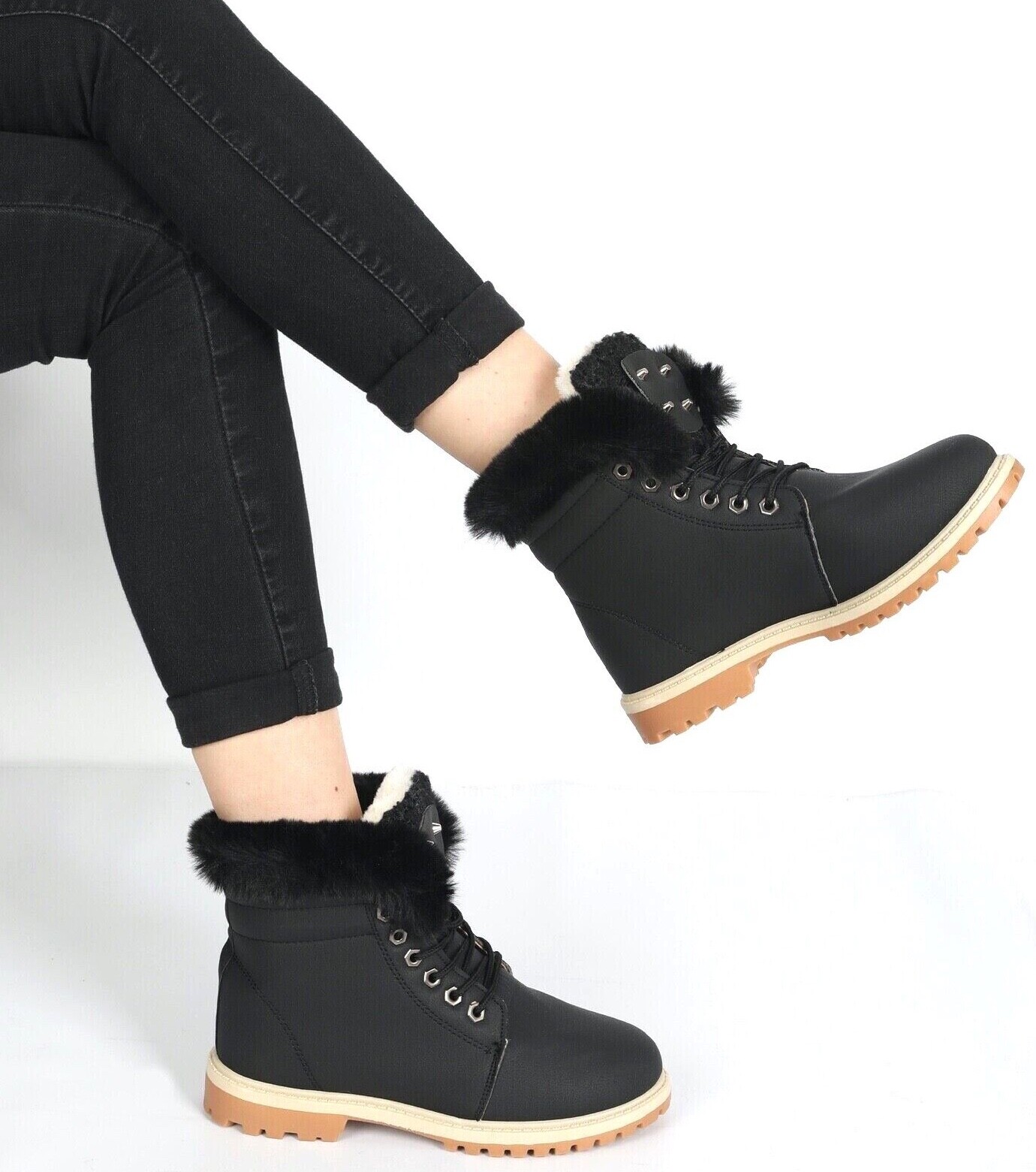 Womens Fur Lined Ankle Boots Flat Ladies Combat Walking Warm Winter ...