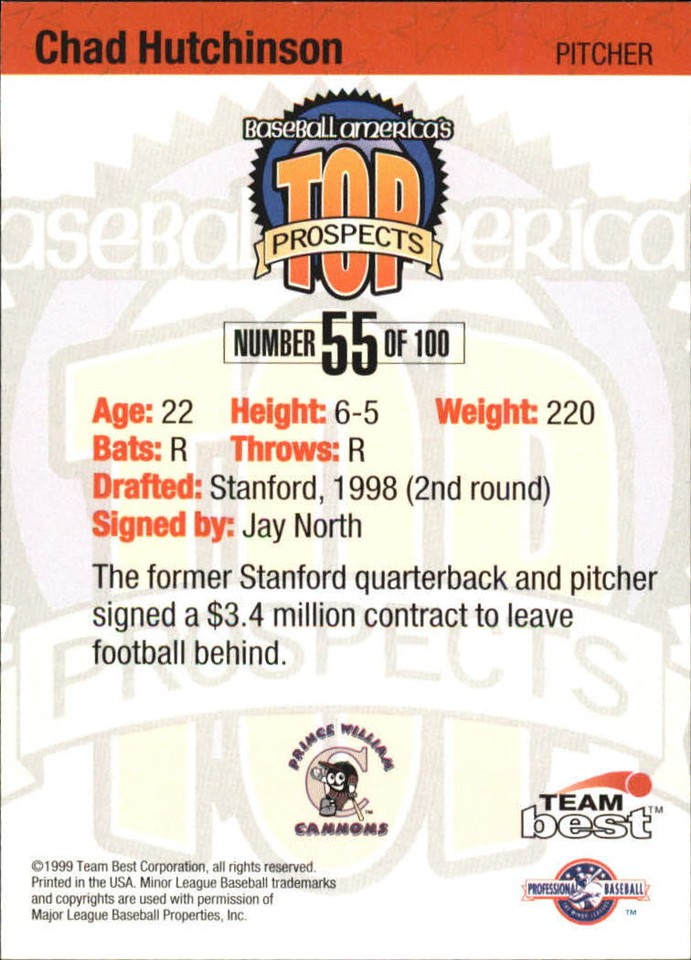 1999 Baseball America Diamond Best Gold #55 Chad Hutchinson | eBay