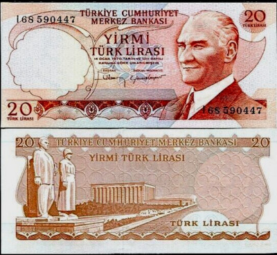 Turkey 20 LIRA P-187B 1970 x 1 Pcs ATATURK UNC TURKISH World Currency ...