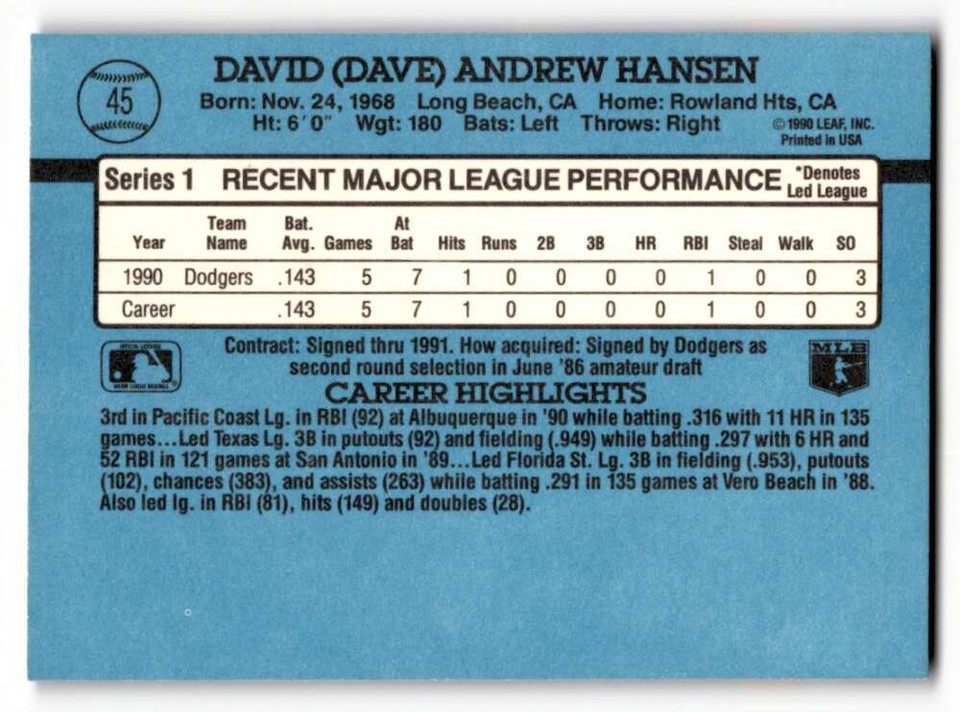 1991 Donruss #45 Dave Hansen Los Angeles Dodgers Baseball Cards EX/N ID ...