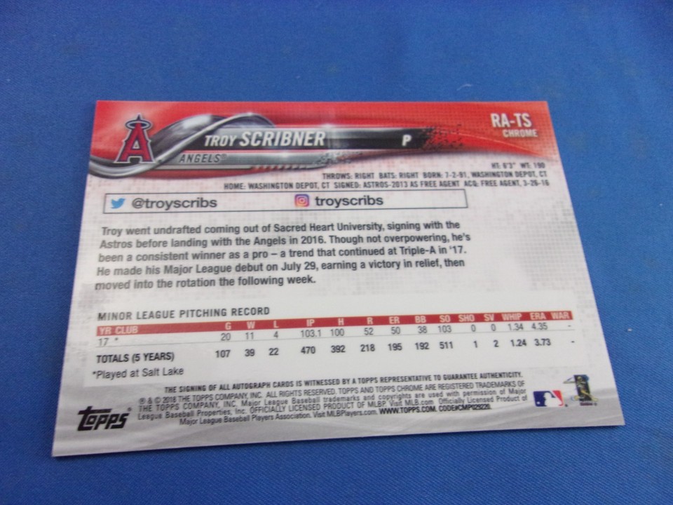 Topps Chrome 2018 RC Rookie Autograph AUTO Troy Scribner RA-TS | eBay