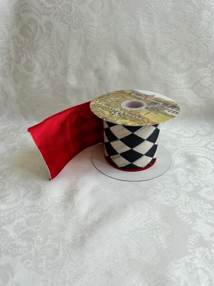 (1 Yard) Mackenzie Childs COURTLY HARLEQUIN (Red) 3" Wide Wire RIBBON ...