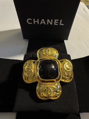 Chanel Vintage Coco Mark Blackstone Gold Tone Brooch | eBay