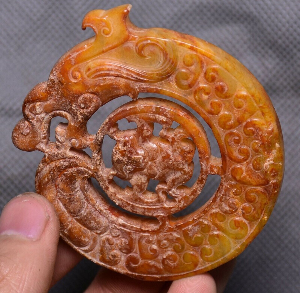 7CM China Old Jade Hand Carving Fengshui Dragon Hollow YuBi Bi Amulet ...