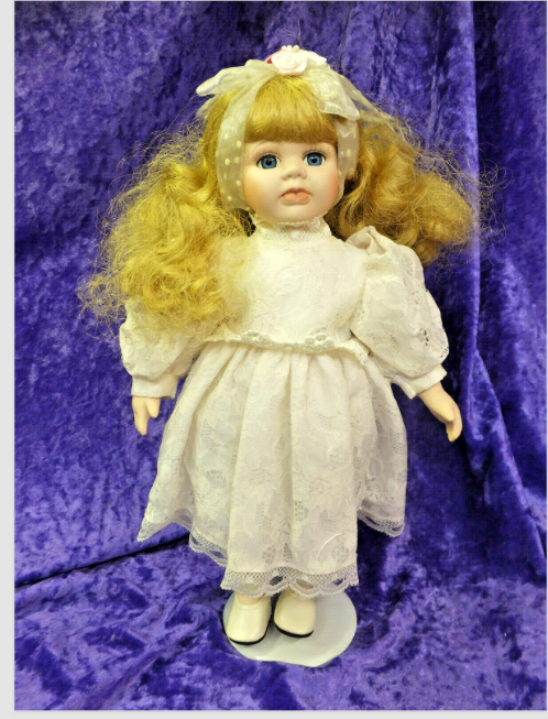 Porecelain Doll Hair Blue Blonde Eyes White Lace Dress W/Stand 13" Tall ...