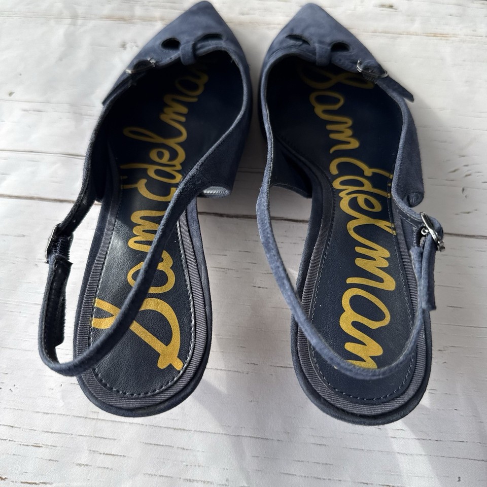 $140 SAM EDELMAN Fauna Kitten Heel Slingback Pump Navy Blue Suede Size ...