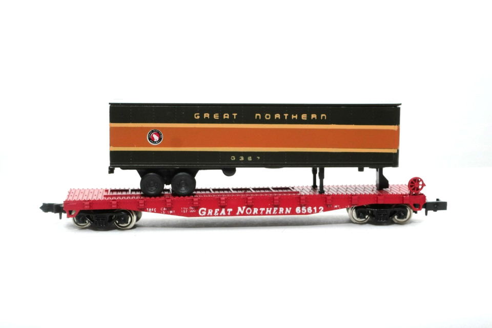 N SCALE/CON COR GREAT NORTHERN FLAT CAR #65612 W/ GN TRAILER | eBay
