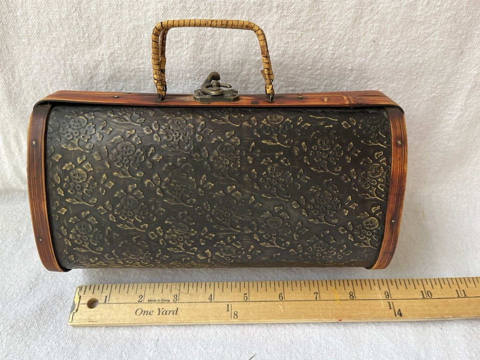 Vintage Wooden Purse Box Embossed Floral Design Bamboo Trim Rattan ...