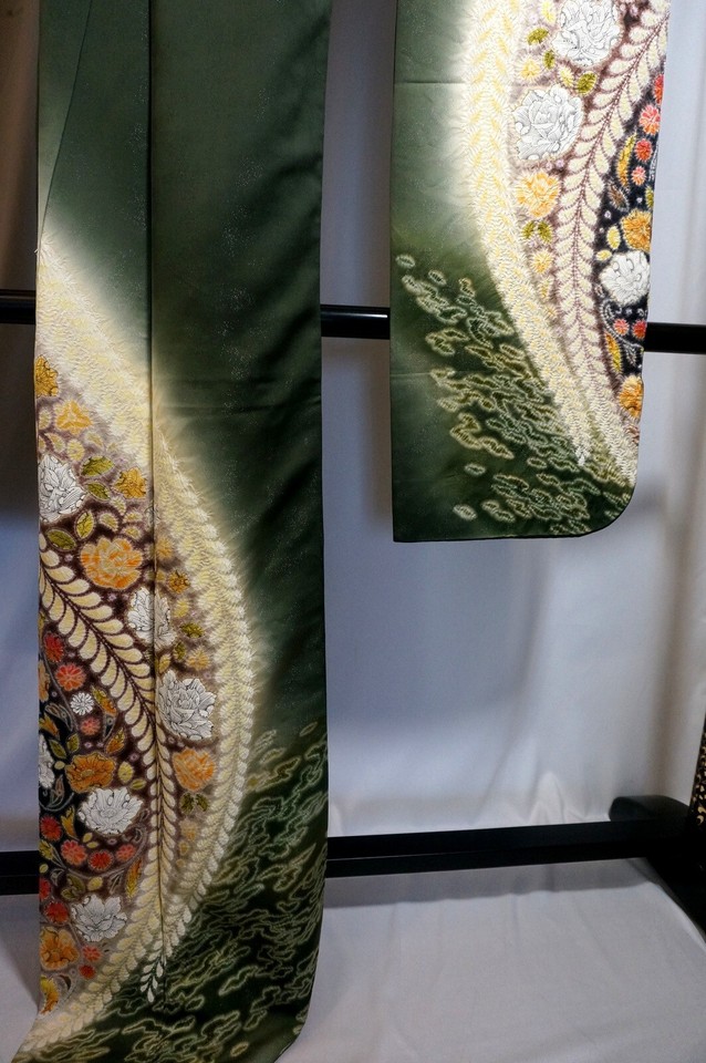 Japanese Fine kimono SILK"FURISODE",Shibori dye,Deep Green,L5'5"..4266 ...
