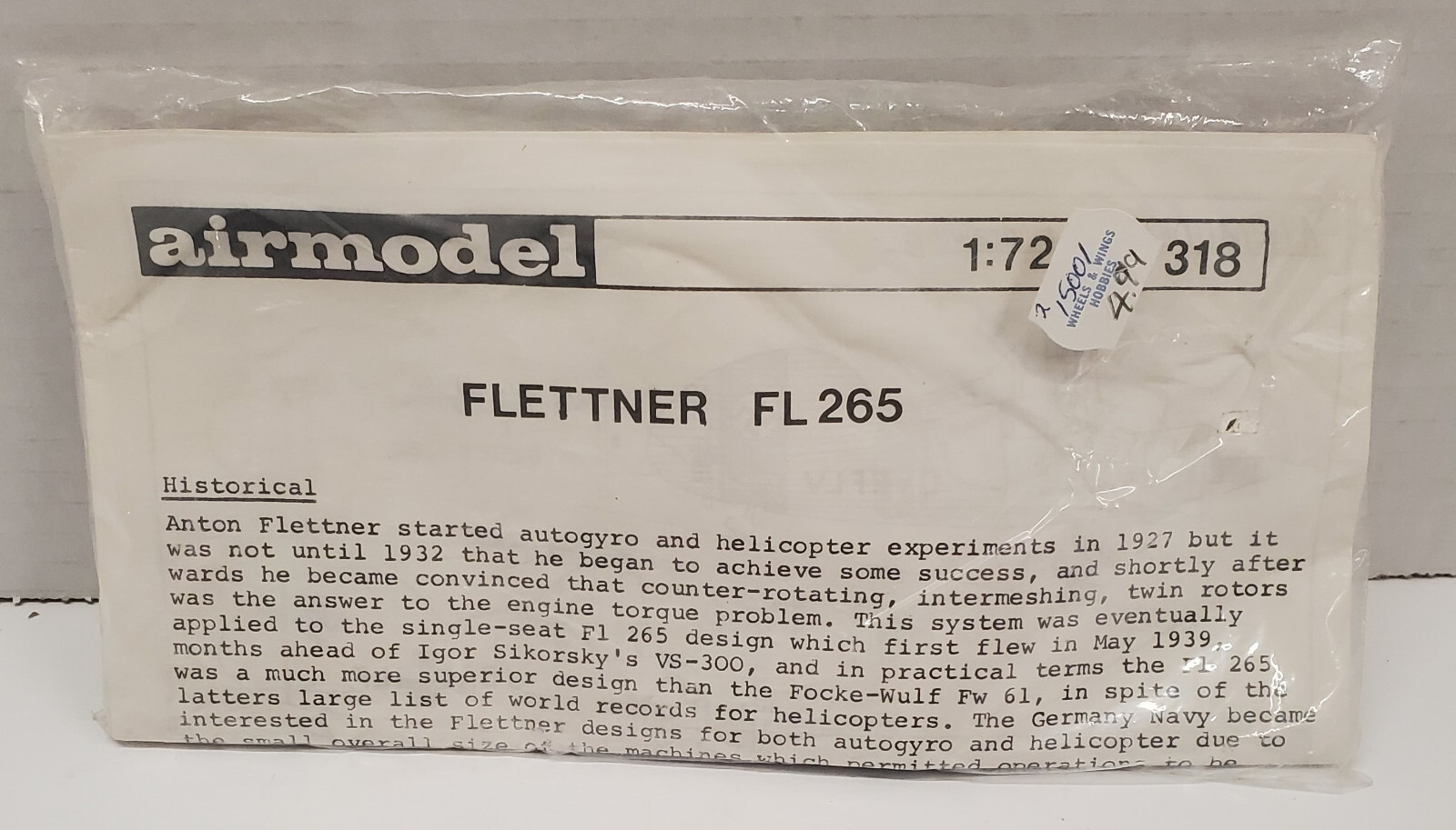 Airmodel Flettner FL265 Model Helicopter Kit #318 1:72 Scale Autogyro ...