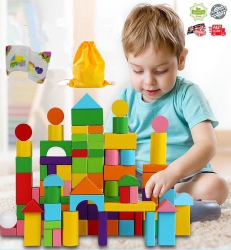 100pc Childrens Wooden Building Blocks Kids Construction Toy Bricks Set ...