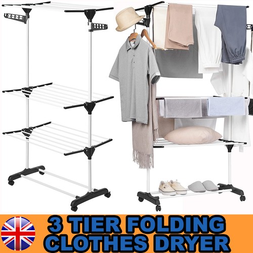 Folding 3 Tier Clothes Airer Drying Rack Laundry Washing Drier Indoor ...