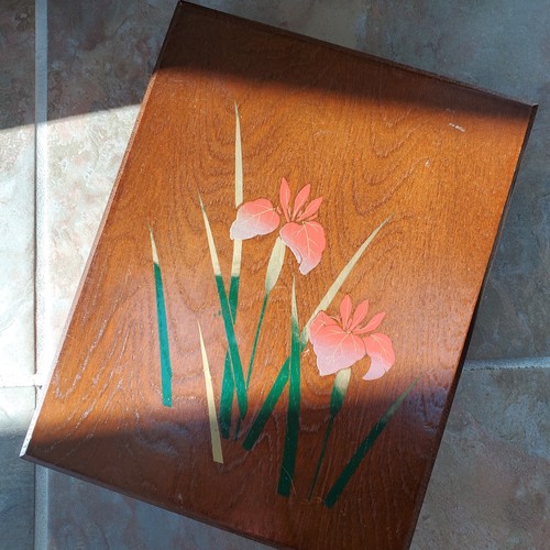 Japanese Iris Wood Lacquer Box Mid Century Modern MCM Painted Flower 2 ...