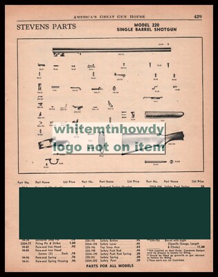 1957 STEVENS Model 220 Single Barrel Shotgun Parts List | eBay