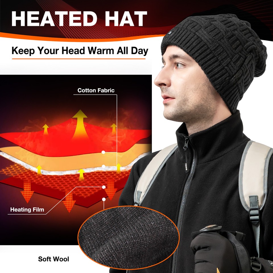 Heated Hat, Electric Winter Heated Beanie Hat w/ 7.4V Rechargeable ...