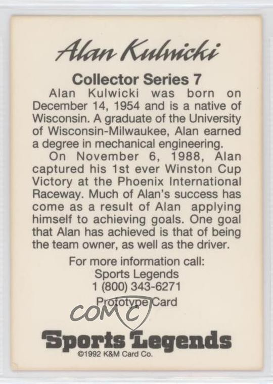 1992 K&M Sports Legends Prototypes Alan Kulwicki #7 HOF | eBay