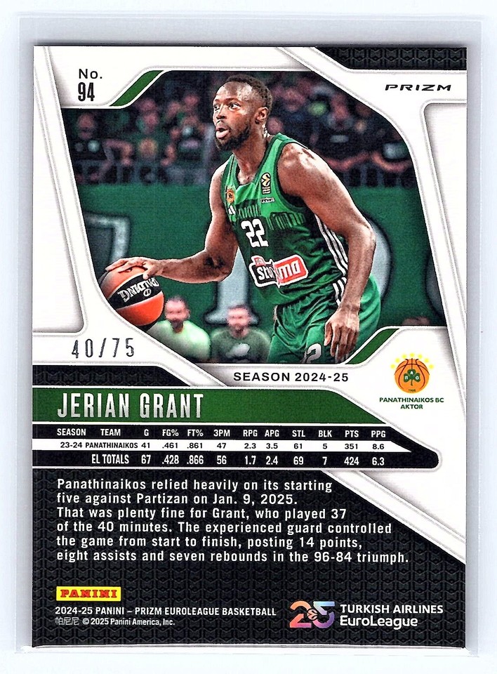 Jerian Grant 2024-25 Panini Prizm EuroLeague #94 Red Power Prizms #/75 ...