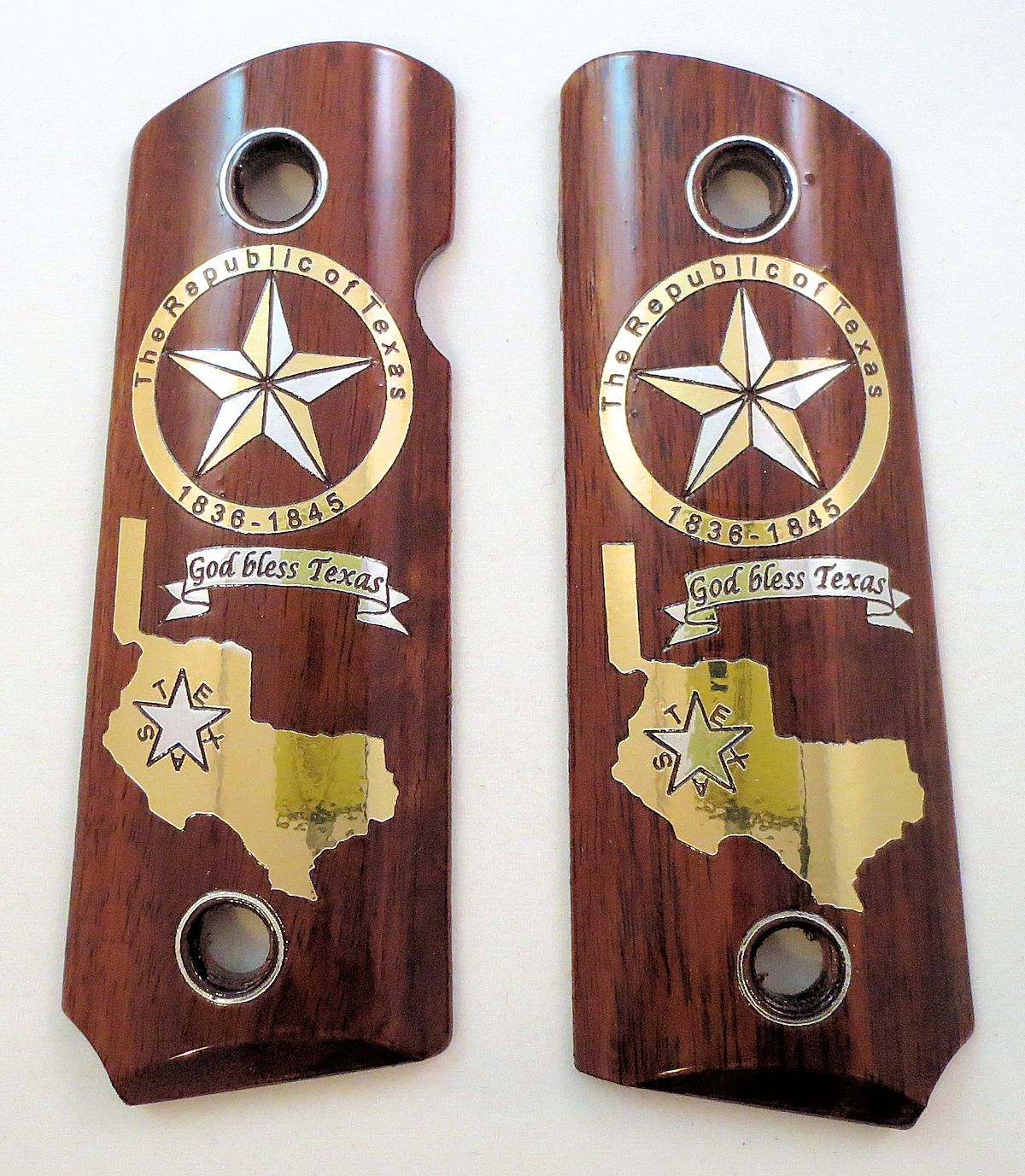 Compact 1911 custom engraved wood grips gold silver Republic of Texas ...