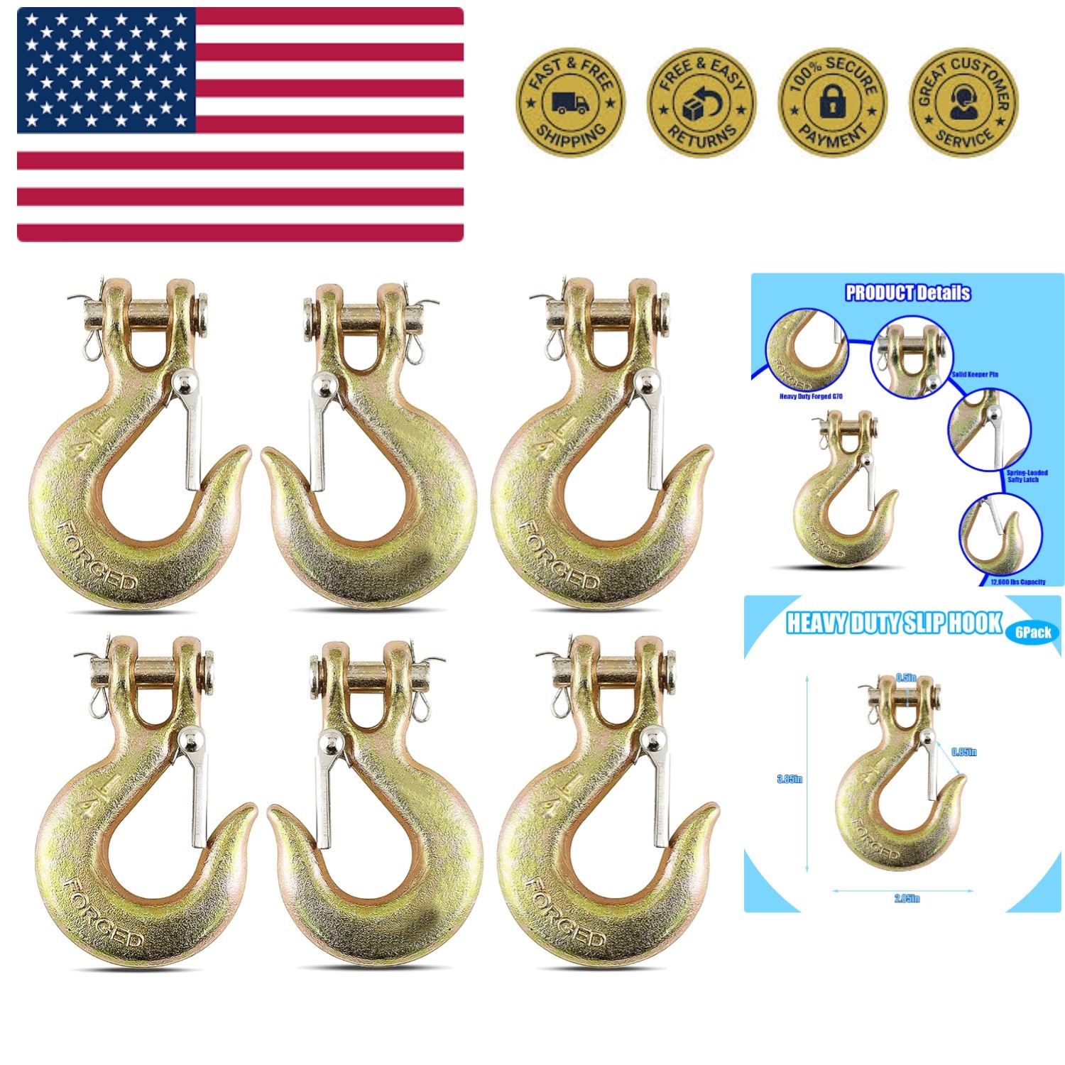 6Pack 1/4'' Heavy Duty Chain Hook, Forged Steel G70 Clevis Grab Hook ...