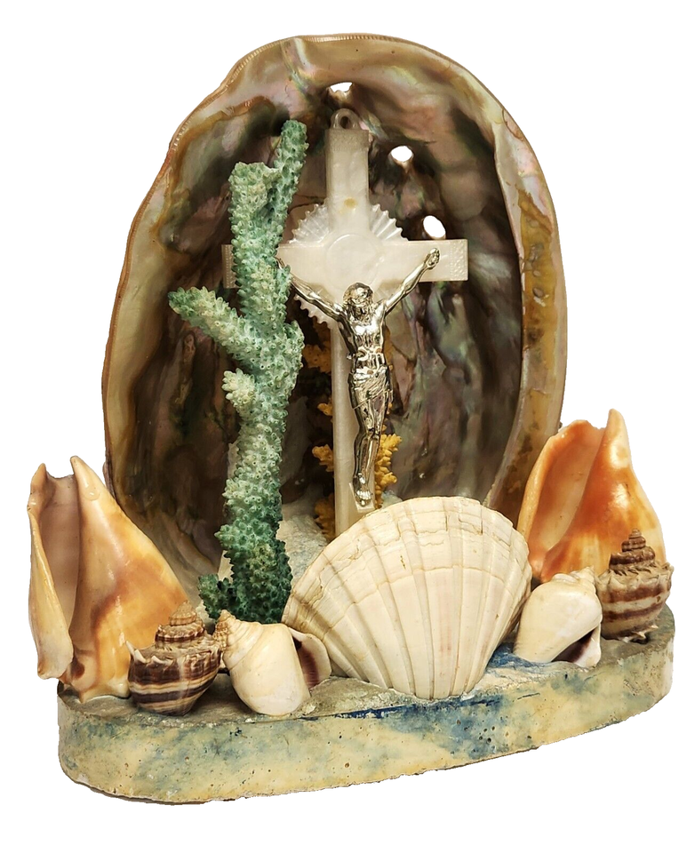 MCM Jesus Crucifix Abalone Seashell Coral Religious Grotto Plaster Base ...
