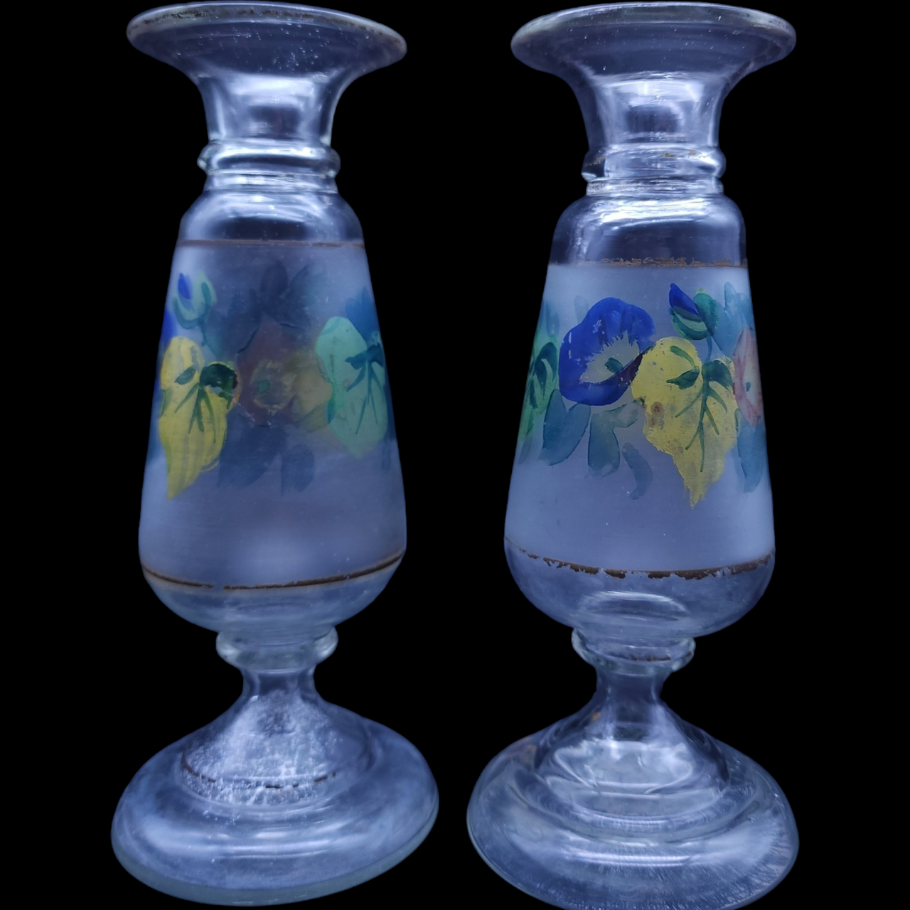 7" Pair Victorian Pontil Mark Bristol Hand Painted Botanical Motifs ...