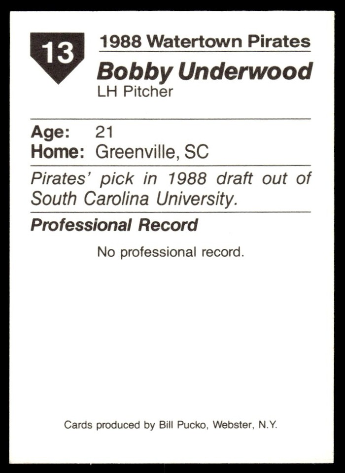 1988 Pucko Watertown Pirates Bobby Underwood Watertown Pirates #13 | eBay