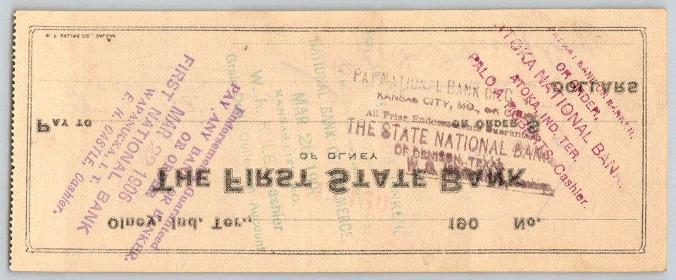 Olney, Okla. Indian Territory 1906 First State Bank Check "Grain Draft ...