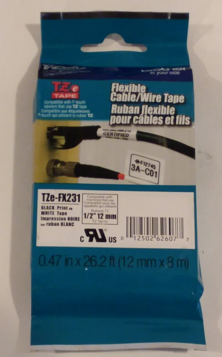 Brother TZe-FX231 Flexible Cable/Wire Tape Black on White 1/2" X 26.2 ...