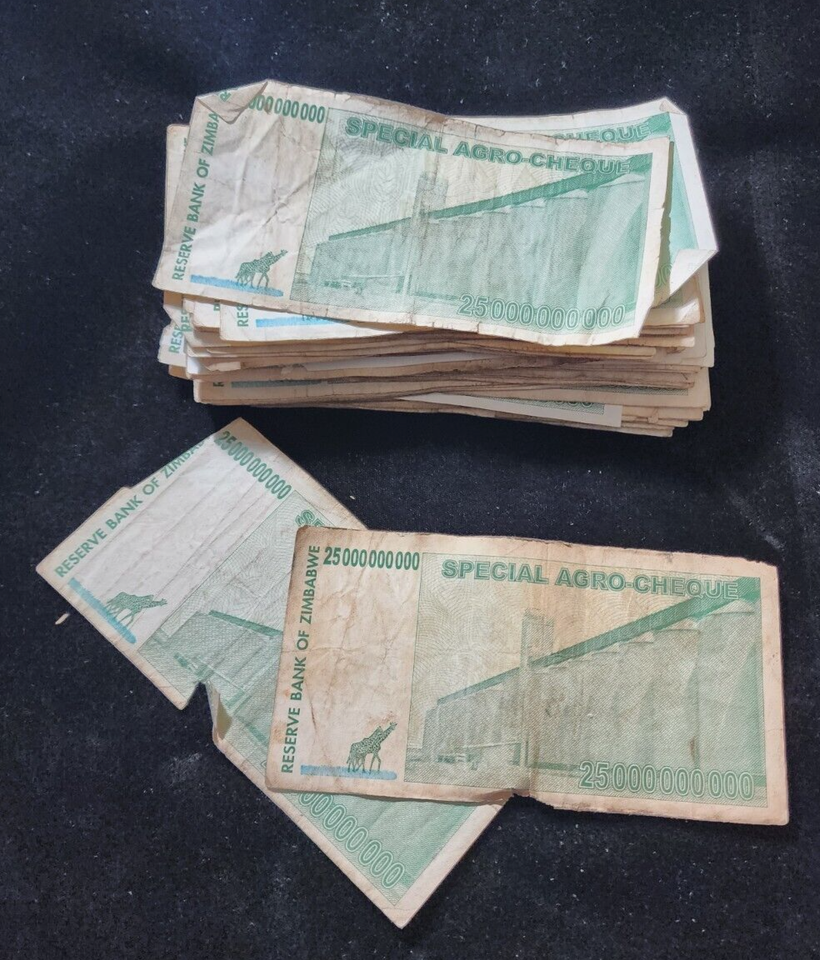 100 x Zimbabwe 25 Billion dollar agro cheque banknotes- DAMAGED/POOR ...