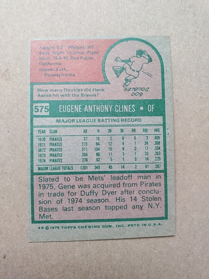 1975 TOPPS BASEBALL SET 575 GENE CLINE NEW YORK METS NM free shipping ...