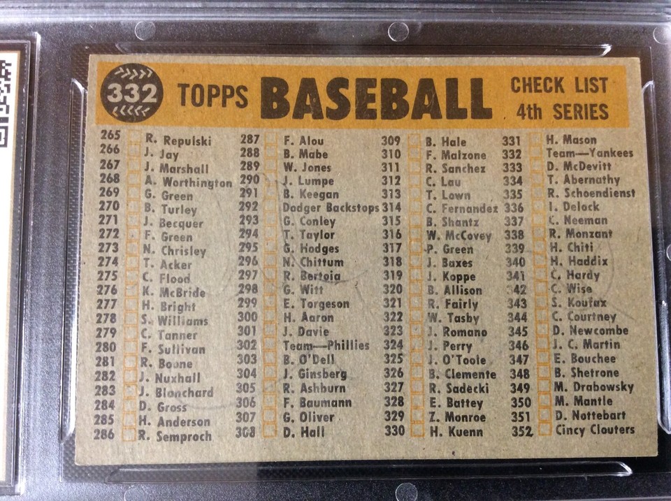 1960 TOPPS NEW YORK YANKEES TEAM CARD #332 - GRADED AUTHENTIC - MANTLE ...