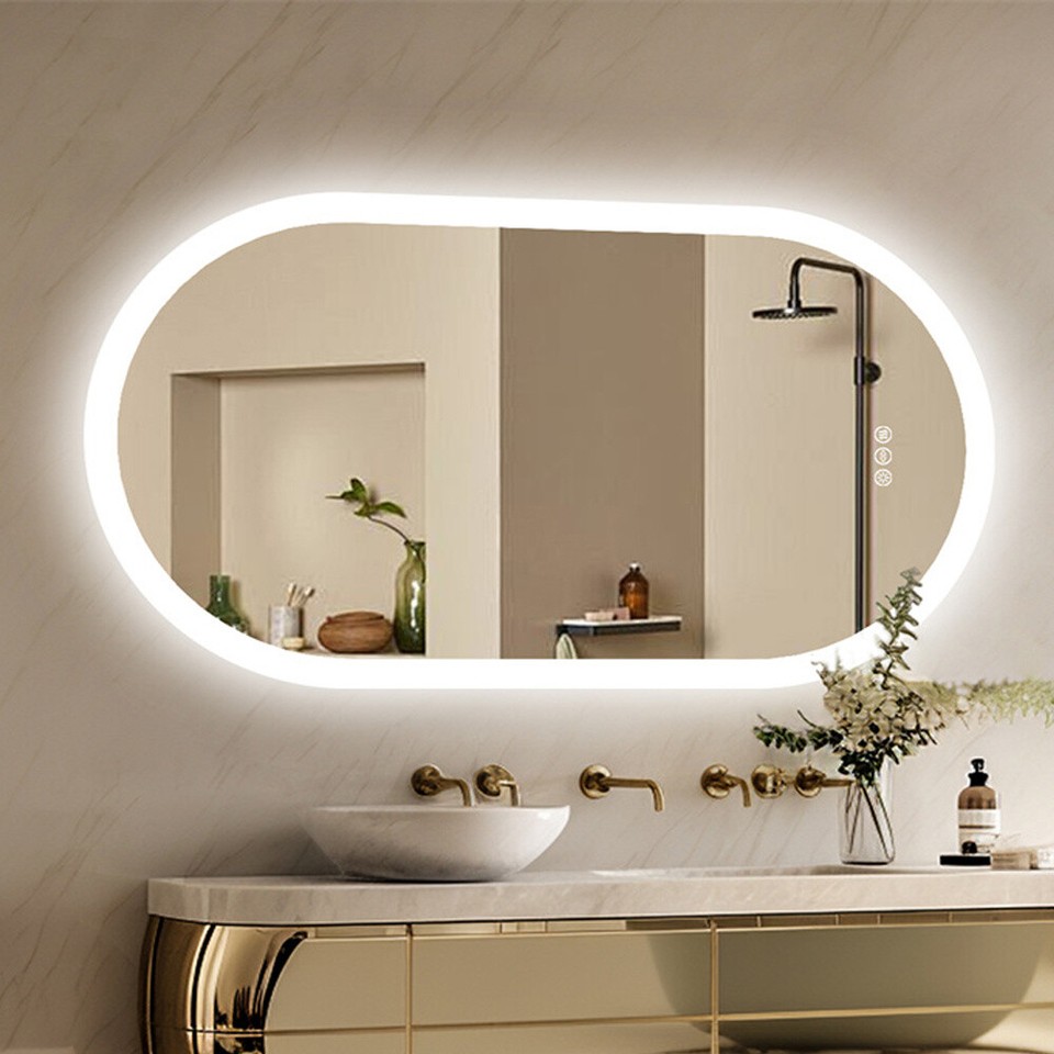 Oval Lighted LED Bathroom Mirror Pill Shaped Mirror Smart Makeup Vanity ...