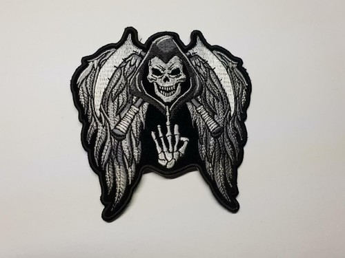 GRIM REAPER FLIPPING THE BIRD Biker Patch Embroidered sew iron on DEATH ...