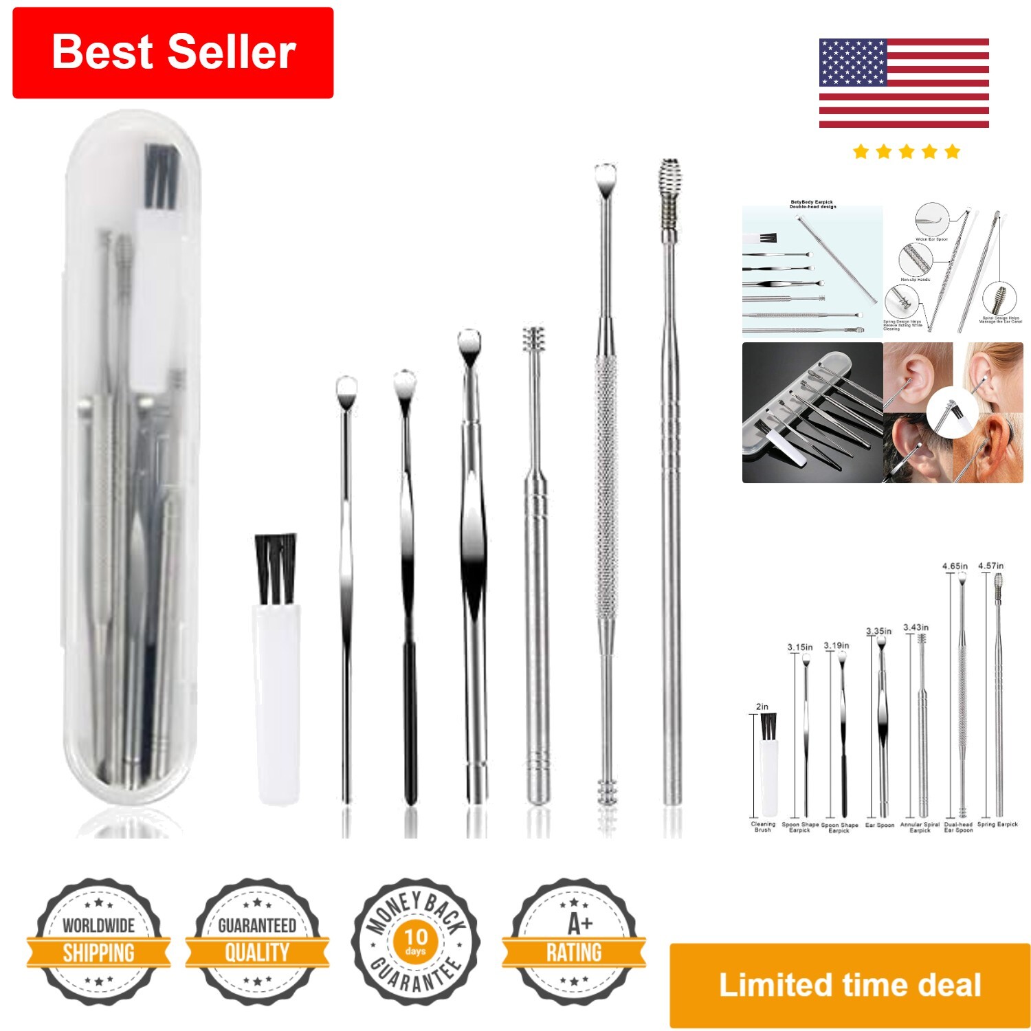 7 Pcs Ear Pick Set - Stainless Steel - Easy to Clean - Safe for ...