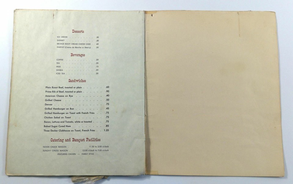 1960's Menu BRONZE BOOT Steak House & Lounge Piano Bar Grand Forks ...