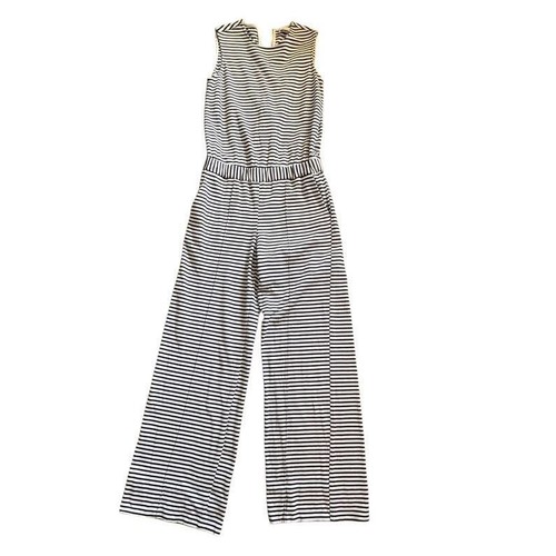 Mila Owen Jumpsuit Navy White Striped Sz Small Elastic Waist Thick ...