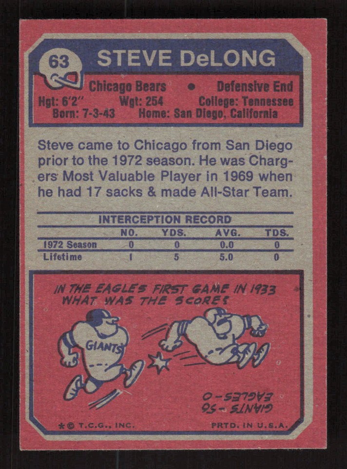 1973 Topps #63 Steve DeLong Chicago Bears | eBay