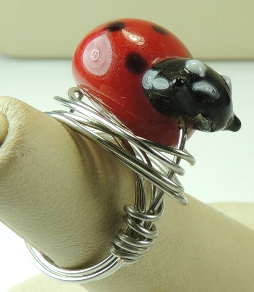 Wire Wrapped Lampwork Ladybug Bead Ring Handcrafted | eBay
