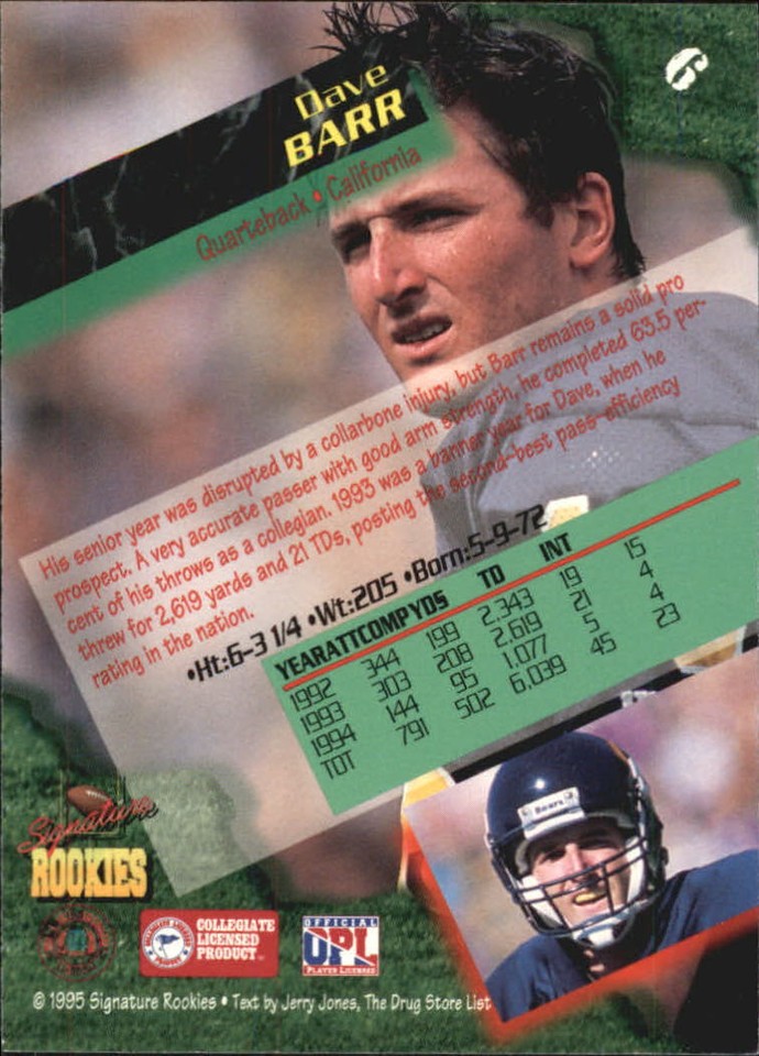 1995 Signature Rookies Football Card #6 Dave Barr | eBay