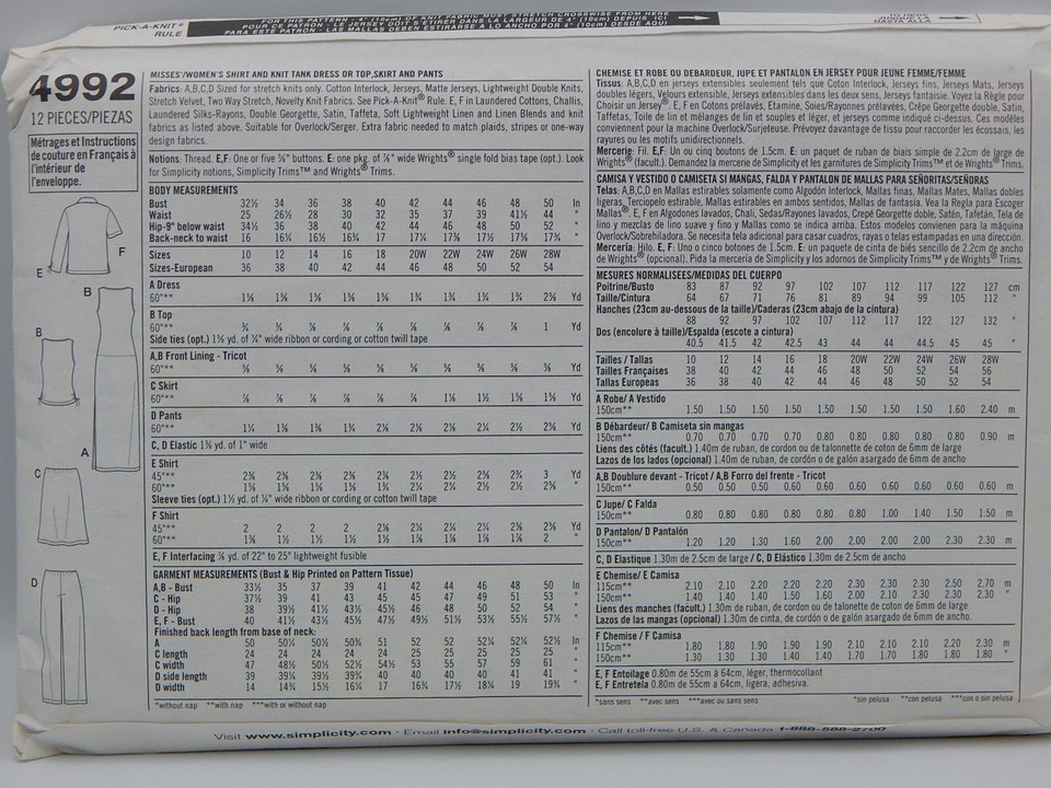 Simplicity 4992 Misses' Shirt Tank Dress Top Skirt Pants Pattern UNCUT ...