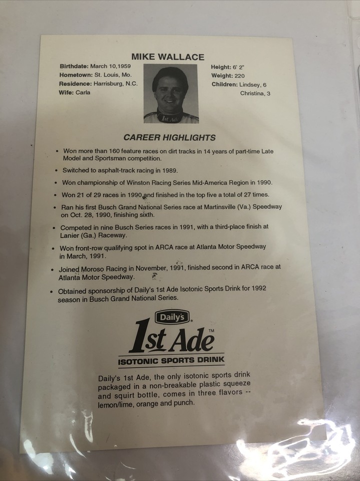 MIKE WALLACE SIGNED 1993 - NASCAR 1st Ade Sports Drink Vintage | eBay