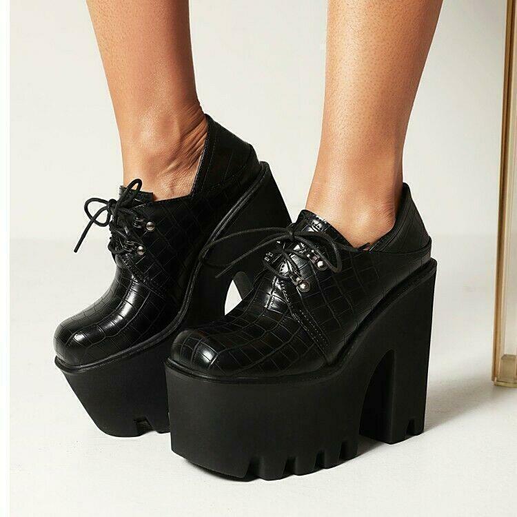 Women Punk Creeper Shoes Block Heels Lace Up Platforms Party Casual ...