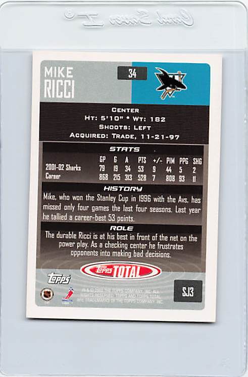 2002/03 Topps Total #34 Mike Ricci Sharks Signed Auto *H1392 | eBay