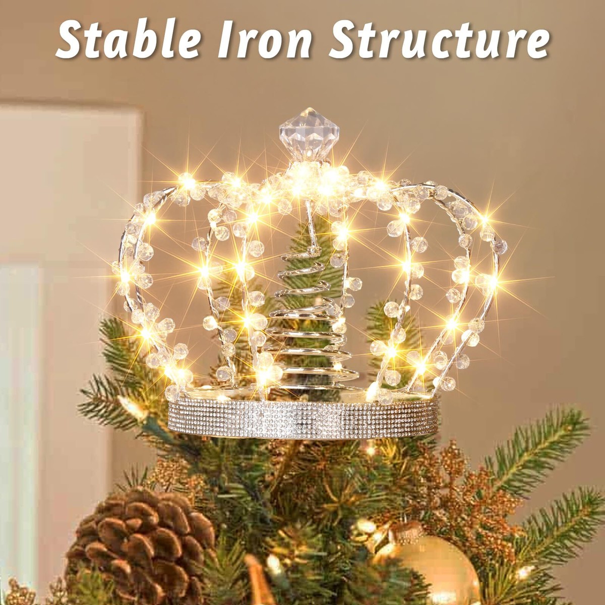 Crown Christmas Tree Topper 7" Lighted Gold Tinsel Wreath With Candles