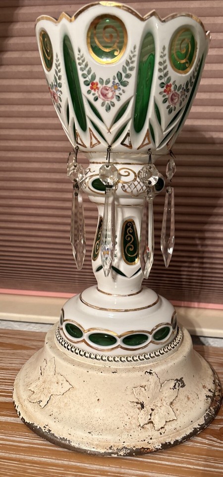 Antique Pair Czech Bohemian Mantle Luster Lamps ~ Cased Glass White Cut ...