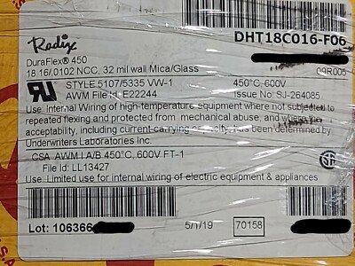 Radix Wire #18awg DuraFlex 450 Mica Glass High Temperature 450C/600V ...