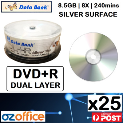 25 x Data Bank DVD+R DUAL LAYER 8x 8.5GB Silver Surface Blank DVD Discs ...