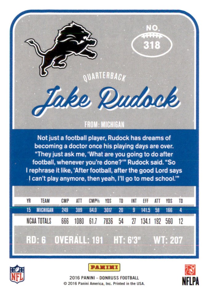 2017 Donruss Jake Rudock NFL Rookie RC PWE Lions #318 | eBay